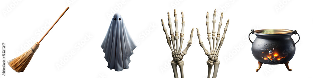 Halloween icons featuring a broom, ghost, skeleton hands, and cauldron ...