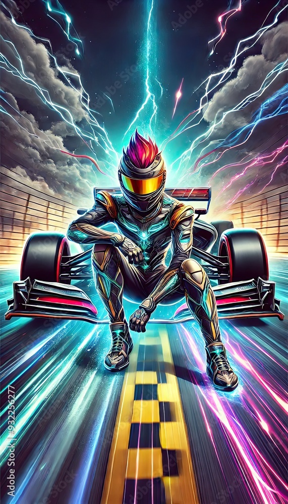An anime-style Formula One racer in a dramatic action pose, wearing a ...