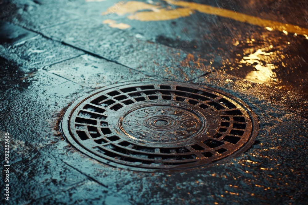 Rainwater cascades over a manhole cover on a city street, creating a ...