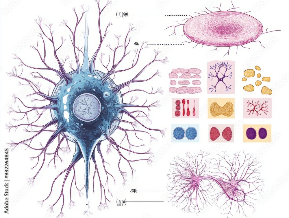 Diagram of a neuron with labeled structures and surrounding cells ...