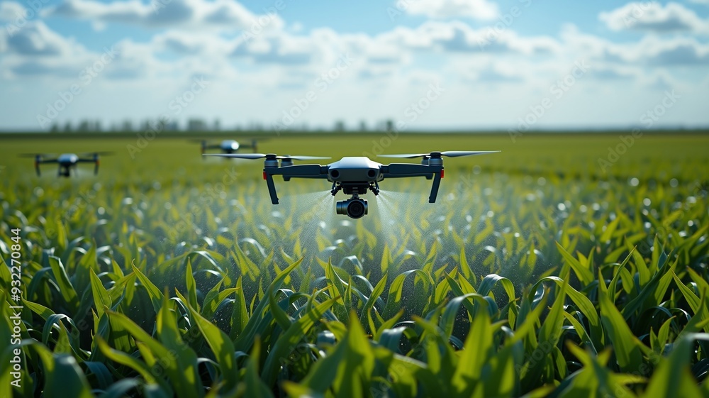 Three drones fly over a large, green field.They capture high-resolution ...