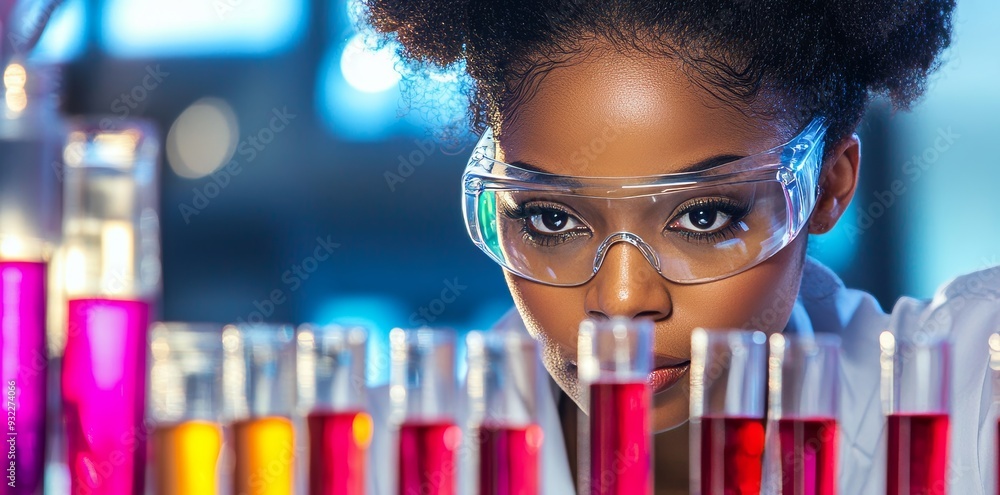 Pharmacist scientist examining medicine vials on a conveyor belt in a ...