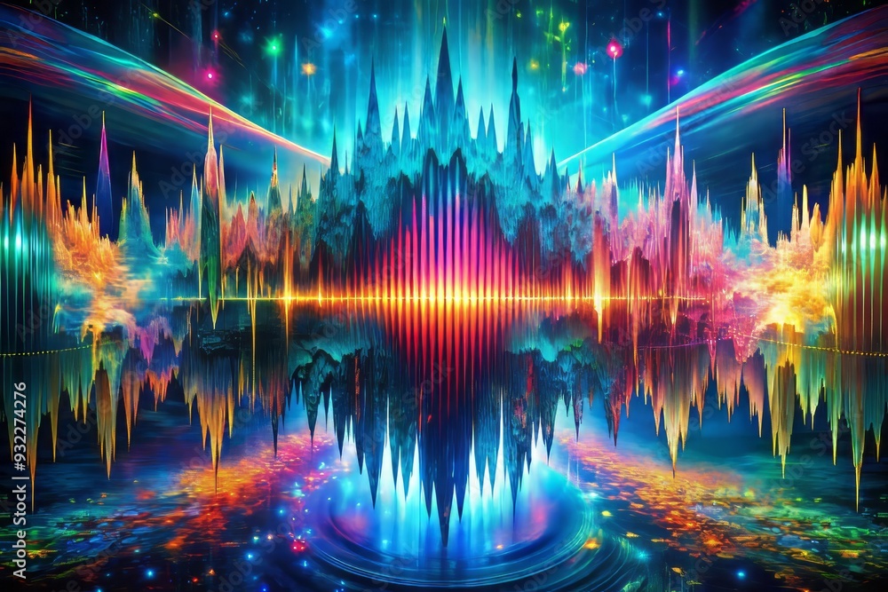 Abstract sonic tapestry woven from fragmented sound waves, distorted ...