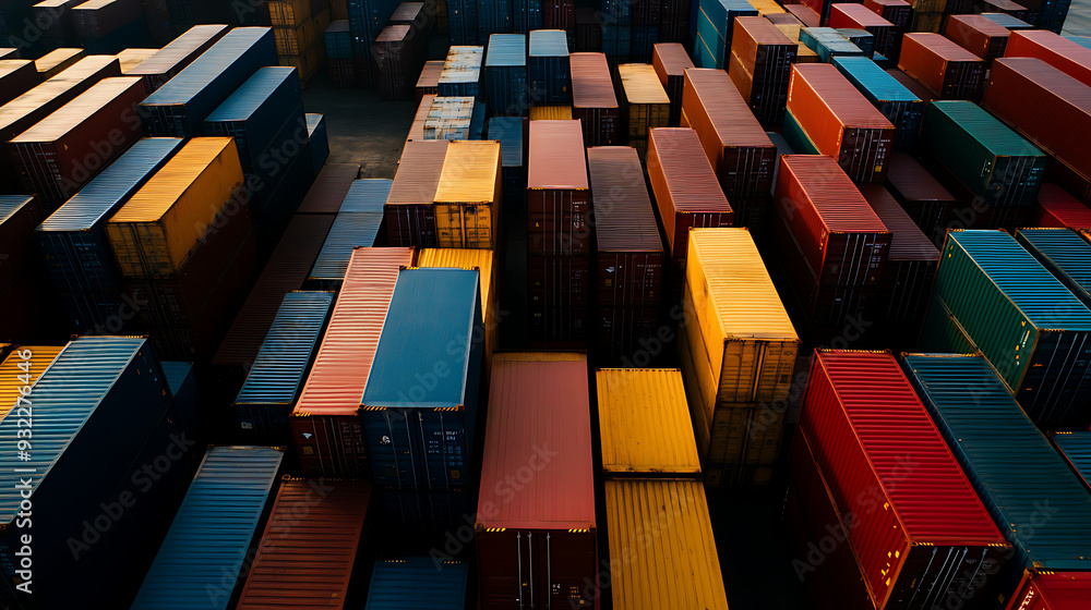 A vibrant, colorful sea of shipping containers stacked high in a port ...