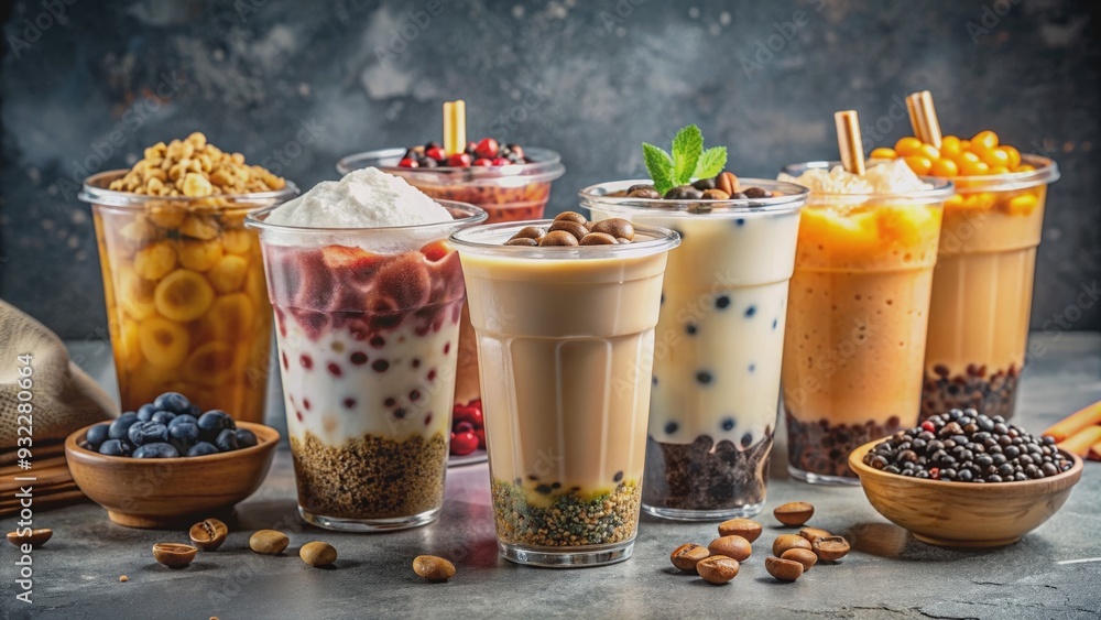 Variety of iced coffee drinks with boba, cereal, and jelly toppings ...