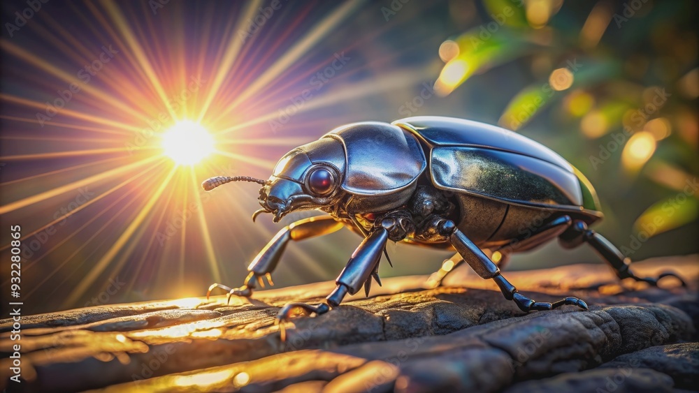 Iron beetle with metallic exoskeleton shining in the sunlight , insect ...