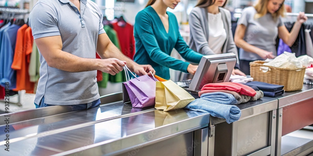 Retail Checkout: Customers Making Purchases at Clothing Store Counter. An image capturing the ...