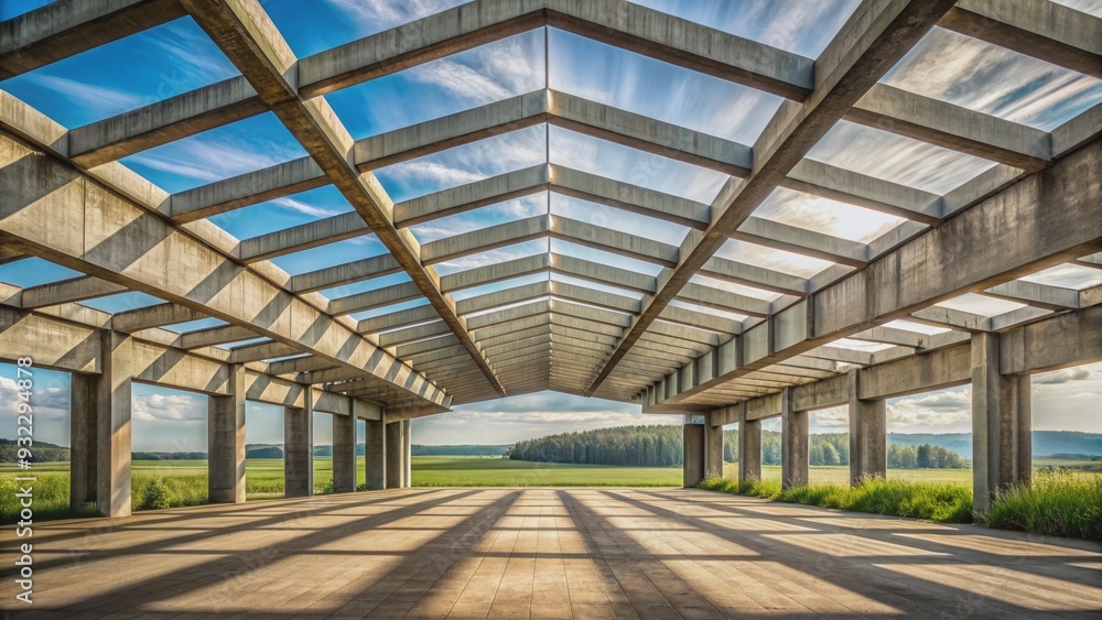 Infinite brutalist style roof with thick beams extending through open ...