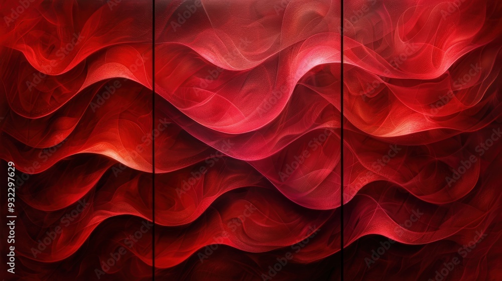Generate a triptych of abstract wall art panels with vibrant red ...
