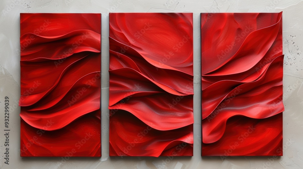 Create a triptych of vibrant red flowing textures for abstract wall art ...