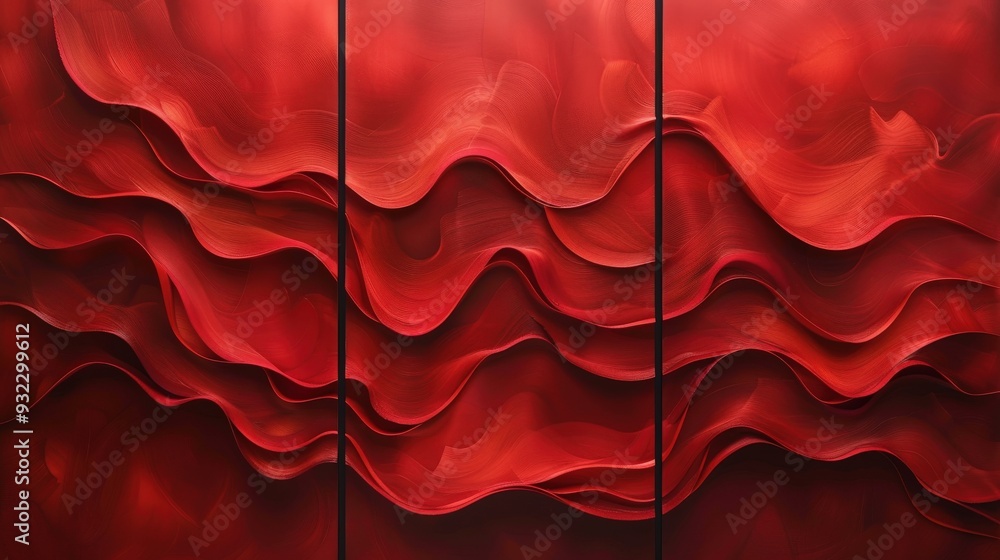 Create a high-resolution triptych with vibrant red textures in flowing ...