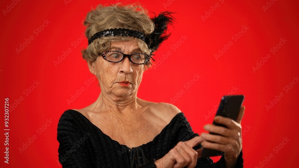 Portrait of toothless elderly senior old woman with wrinkled skin ...