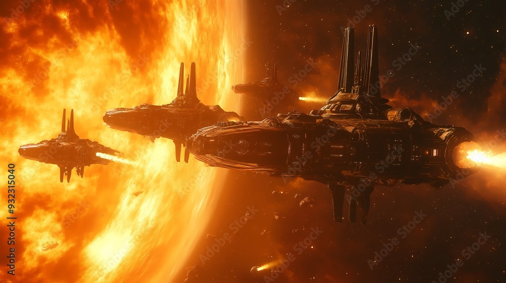 An epic clash between two alien fleets in the vacuum of space Stock ...