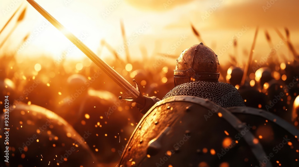 Medieval battle scene with knights clashing, swords and shields reflecting the sunlight ...