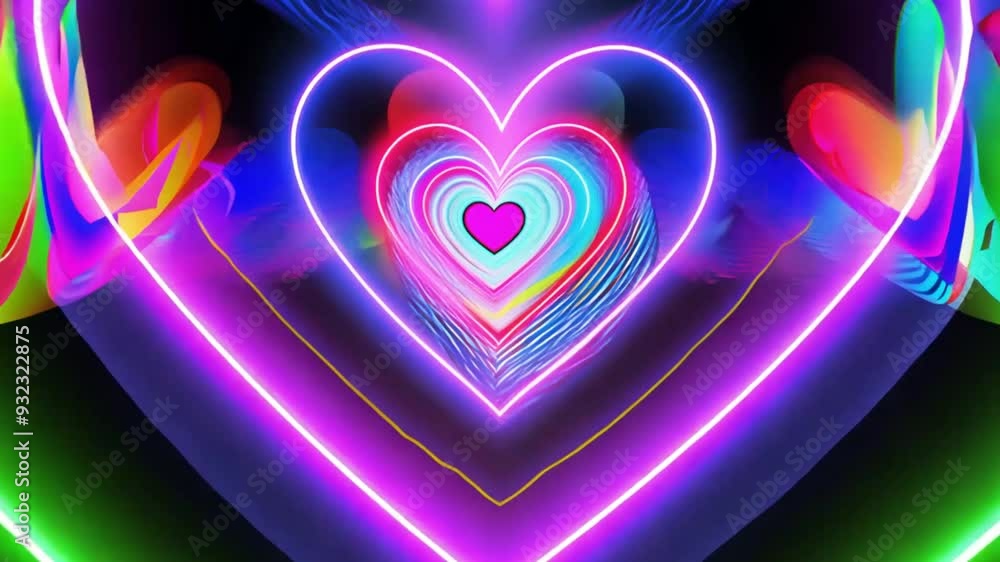 A vibrant digital illustration of multiple neon hearts layered in a ...