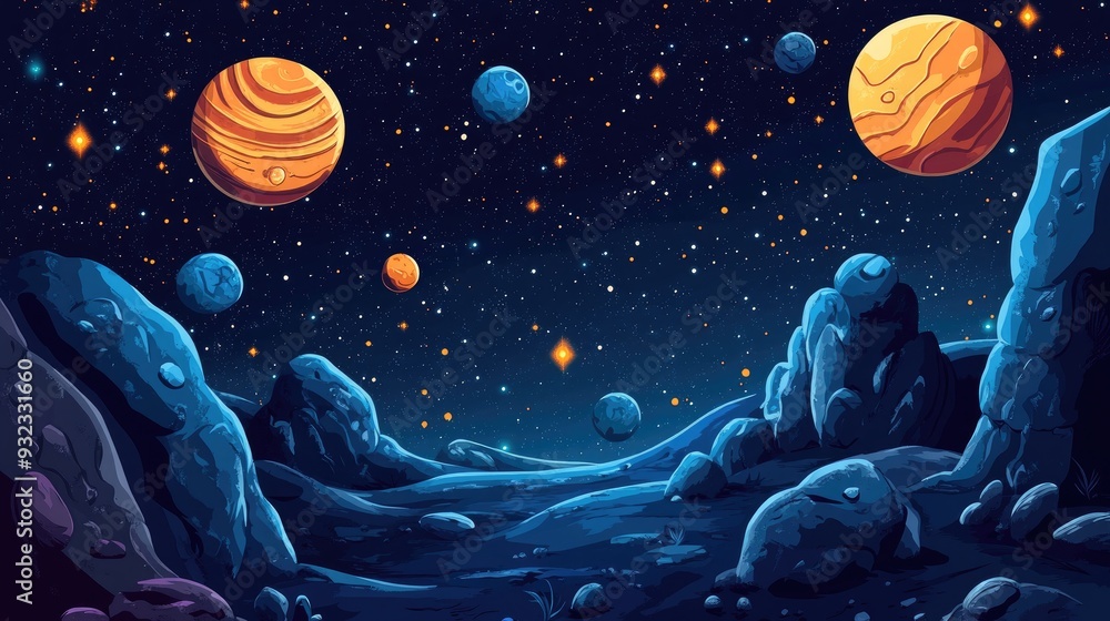 2D illustration in a cartoon style featuring deep interstellar space ...