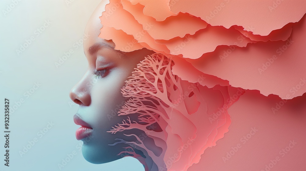 A calm profile of a woman with delicate layers resembling tree branches ...