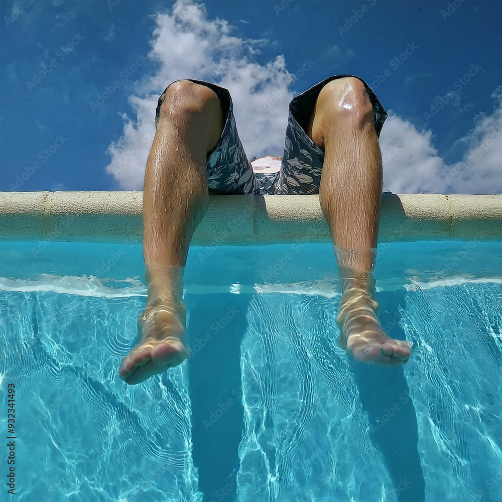 Legs of a man, partially submerged in a pool, whose is leisurely lying ...