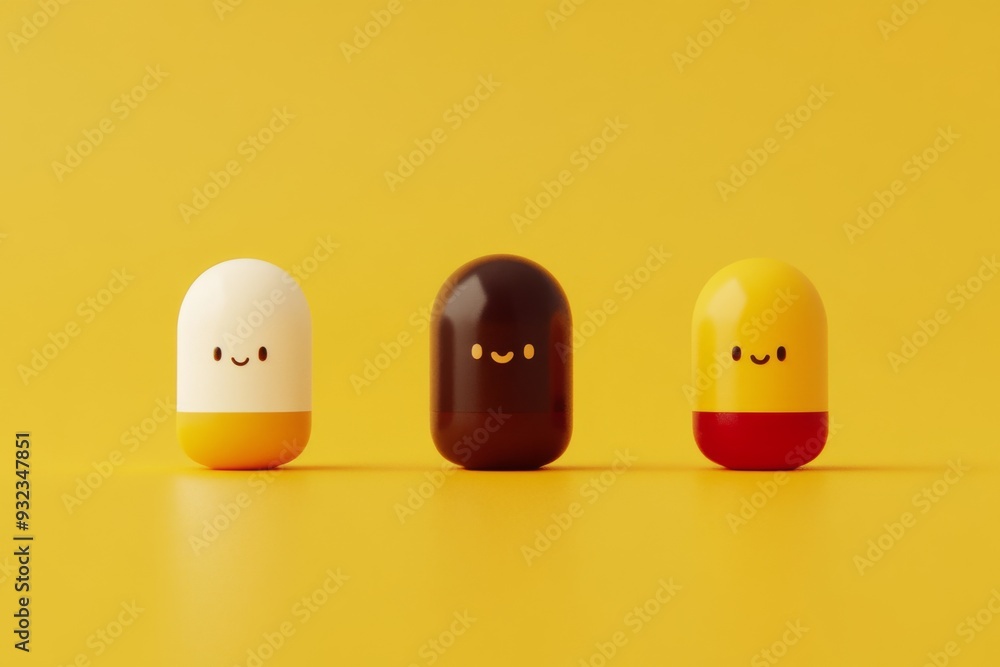 Adorable trio of capsule characters in white yellow and brown standing ...