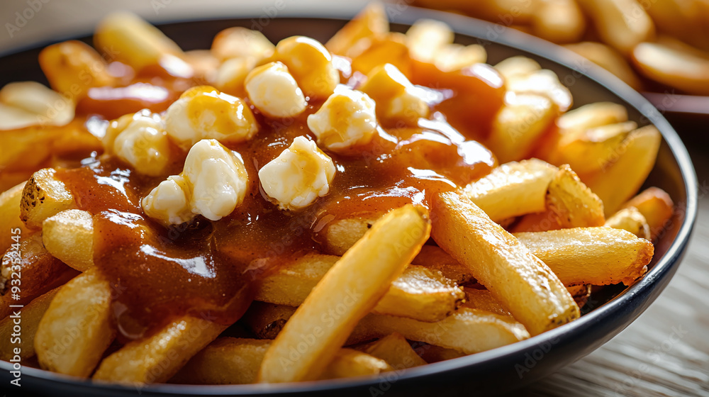 a plate of poutine featuring golden fries topped with cheese curds and ...