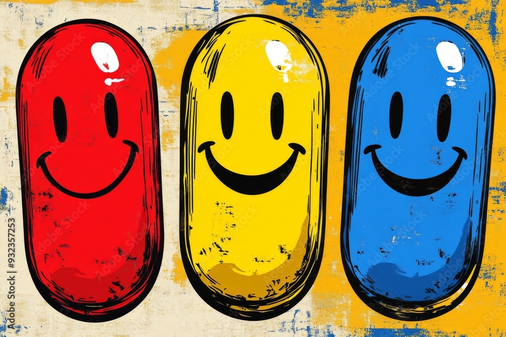 Playful and vibrant illustration of three smiling capsule characters in ...