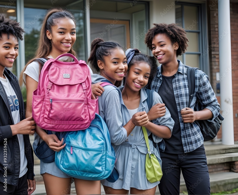 Back to school first-day excitement, A group of diverse students ...