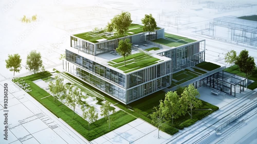 Detailed architectural blueprint for green building design focusing on ...