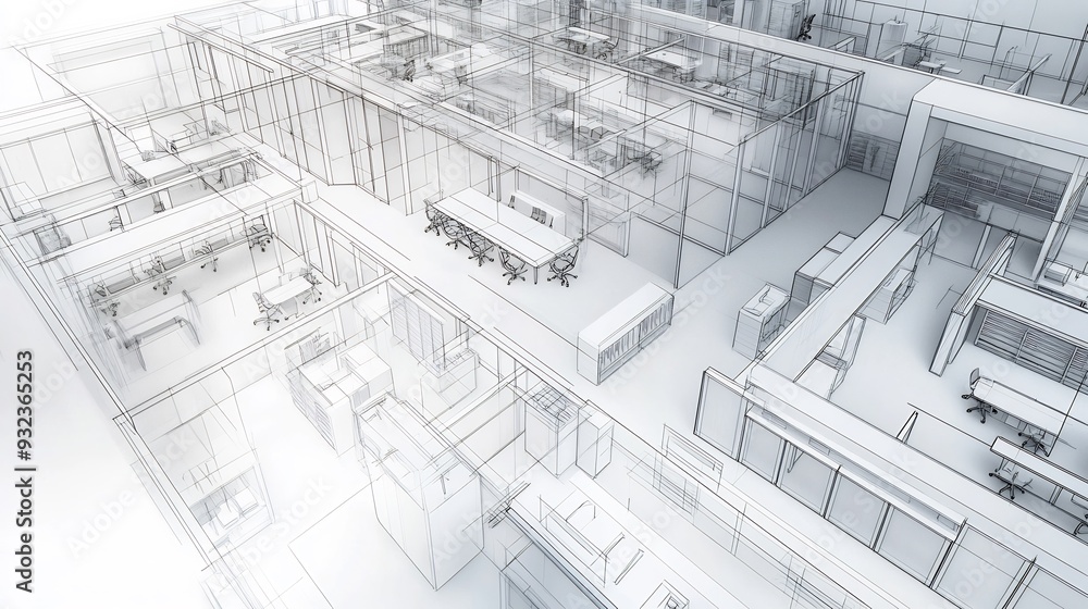 Detailed architectural blueprint for hightech office design focusing on ...