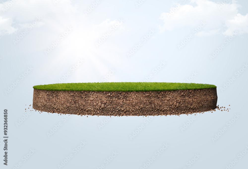 Green grass surface and soil with floating slice of land. Soil texture ...