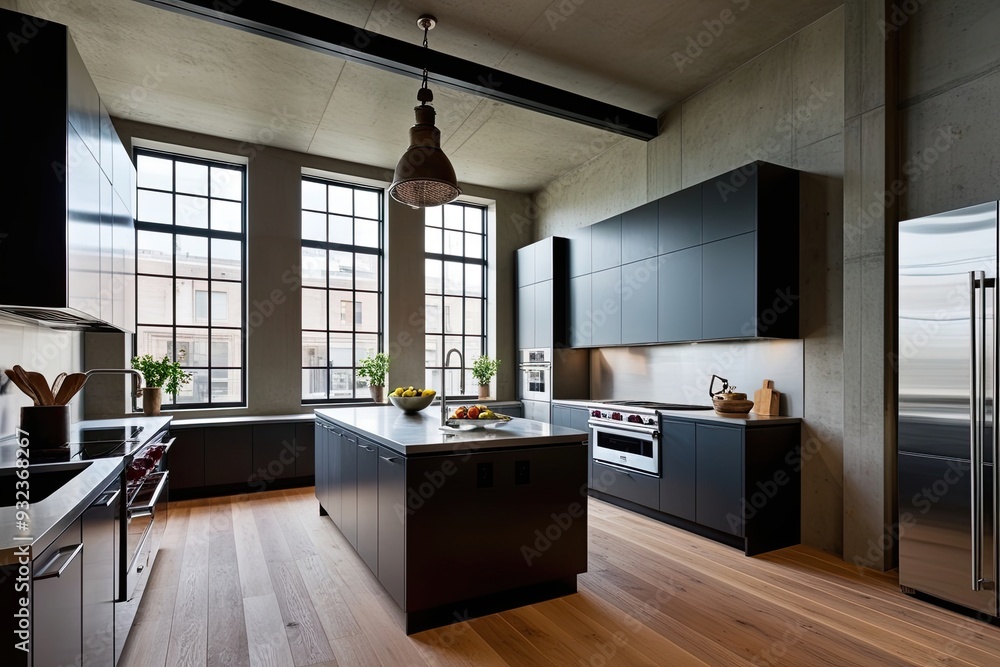 Stunning Industrial Kitchen Featuring Central Prep Bar, Sleek Cabinetry ...