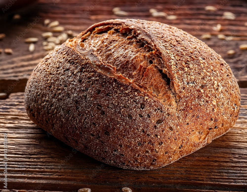 The rough, rustic surface of a stone-ground whole grain bread, with ...
