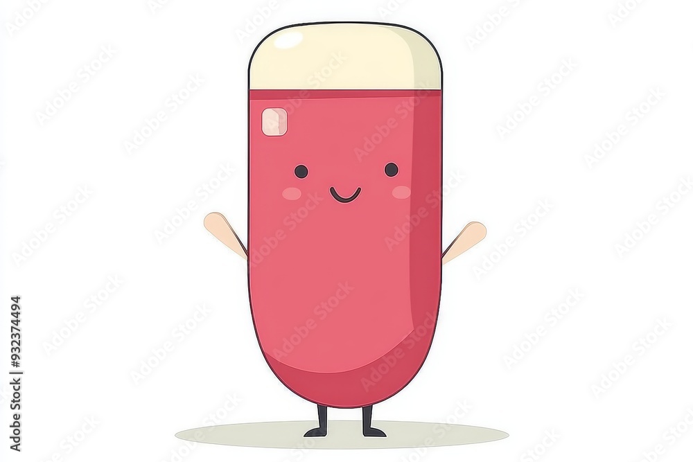 Tall red pill character with smiling face and small arms standing on a ...