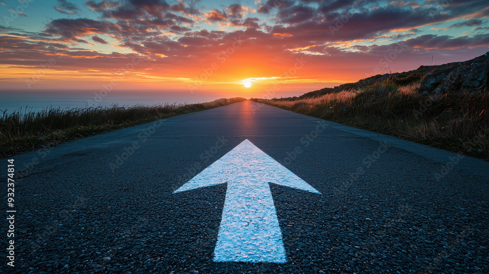 Low angle photo of white arrow pointing straight ahead on a road ...