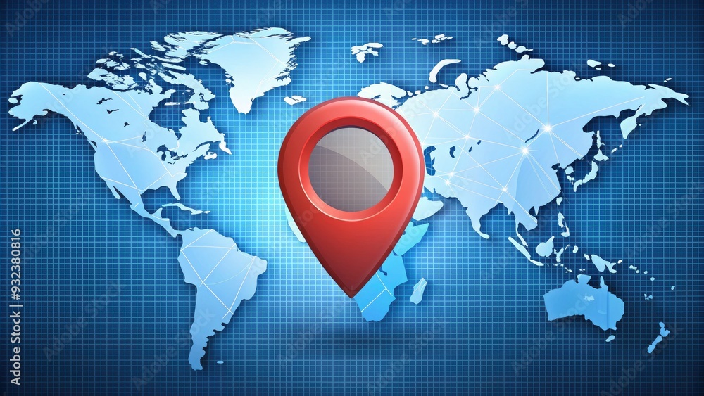 Illustrated map pin icon in red and blue hues, set against a stylized ...