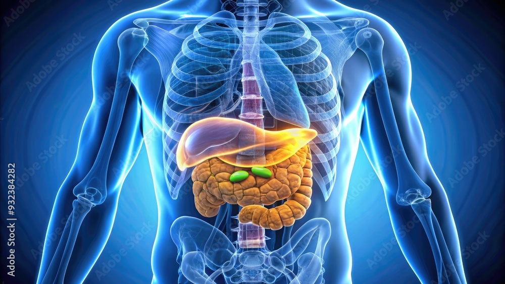 Illustration of the pancreas, a vital organ located behind the stomach ...