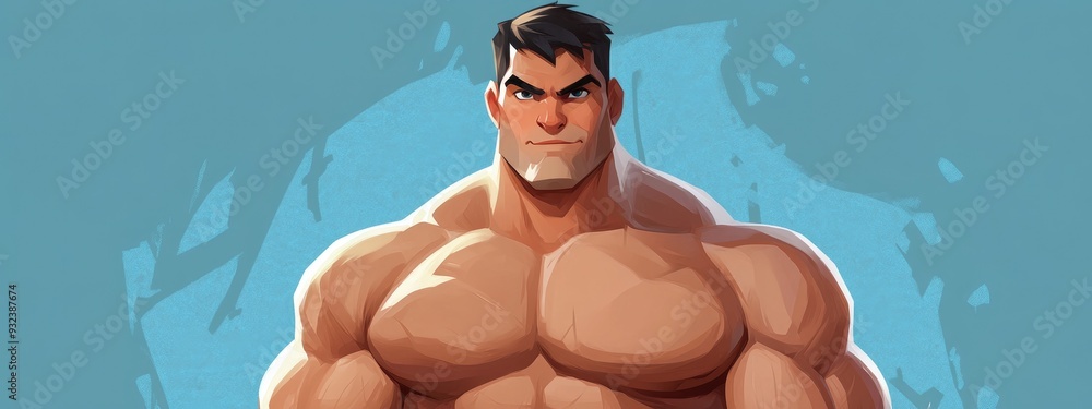 Muscular cartoon guy with bare chest Tough character intense expression ...