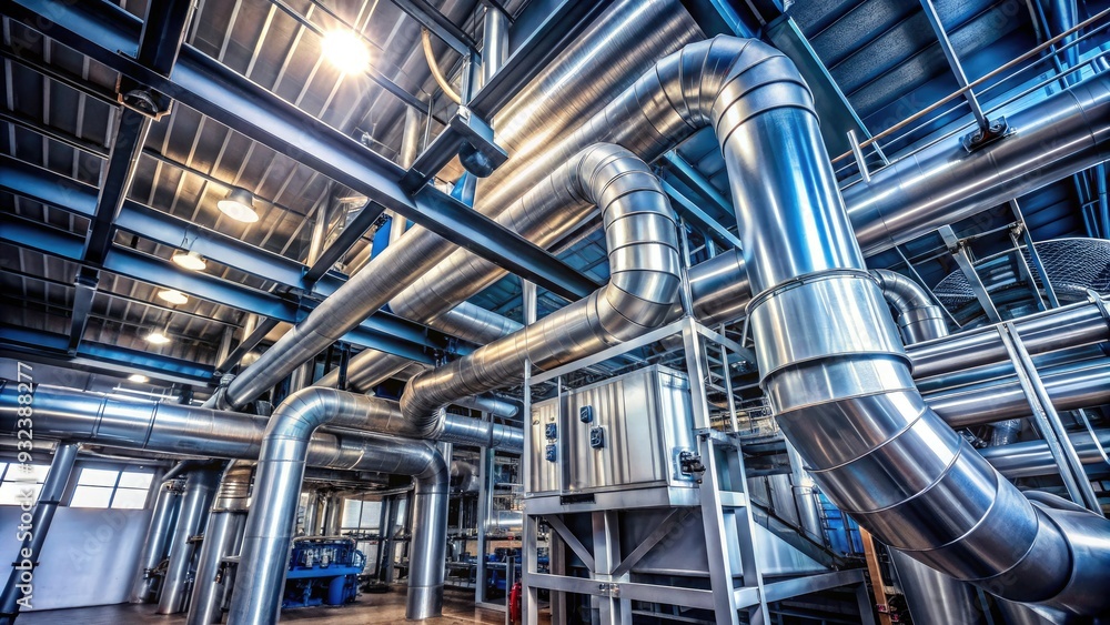 Industrial recuperator system with sleek metallic ducts and tubes ...