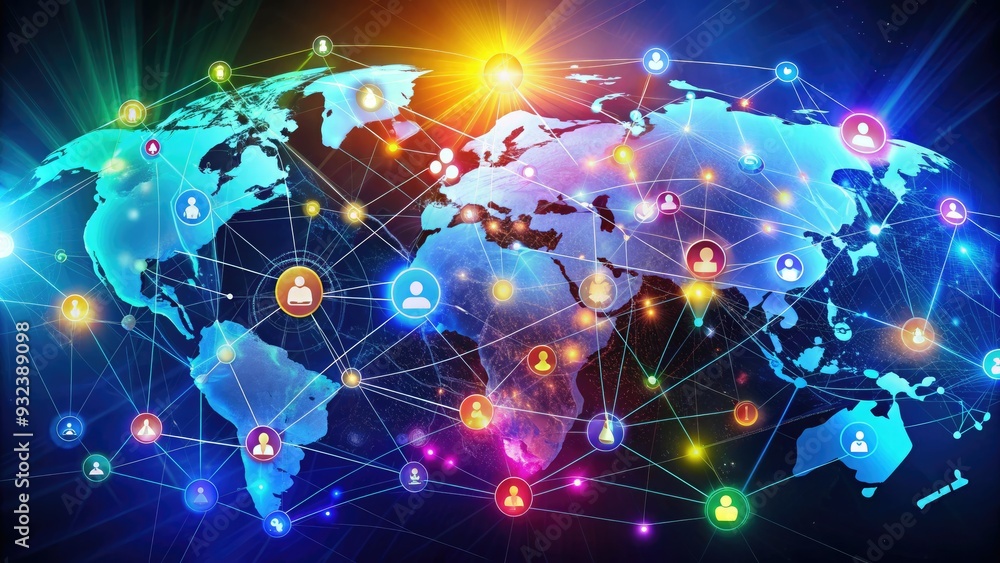 Interconnected global network of social media icons and lines forming a ...