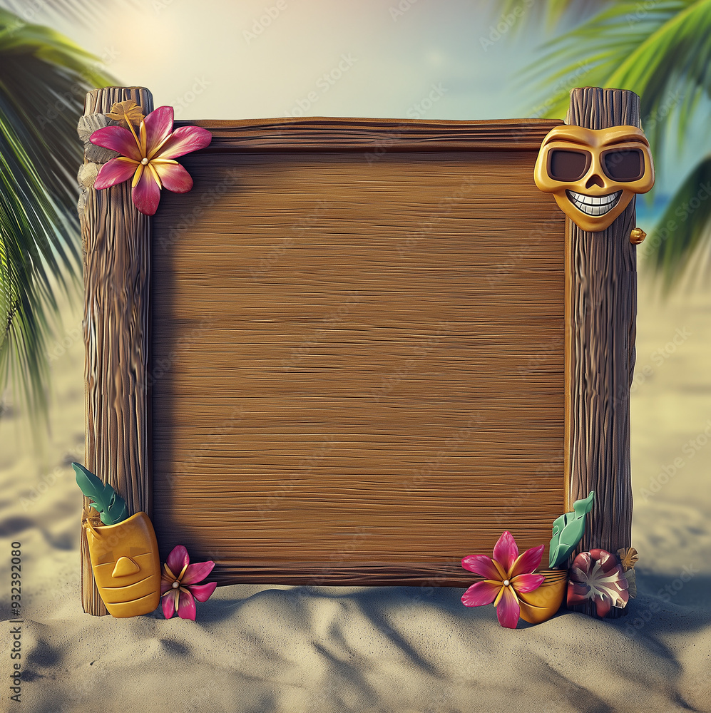 Tiki sign on the beach with a hawaiian mask theme, A rustic wood frame ...
