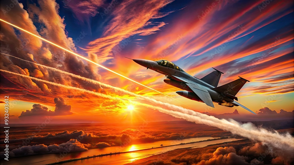 Low-flying fighter jet soaring through a vibrant orange and pink sunset ...