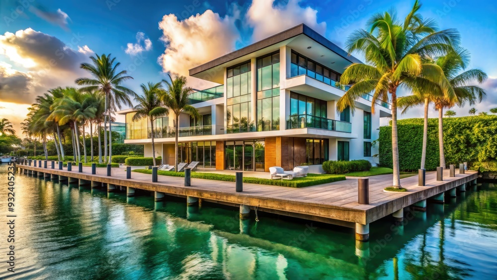 Luxurious modern waterfront mansion with sleek architecture, balcony ...