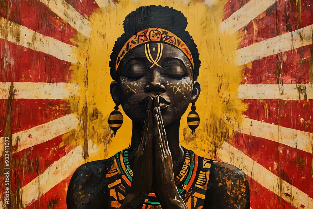 African goddess painting in prayer pose with vibrant tribal patterns ...