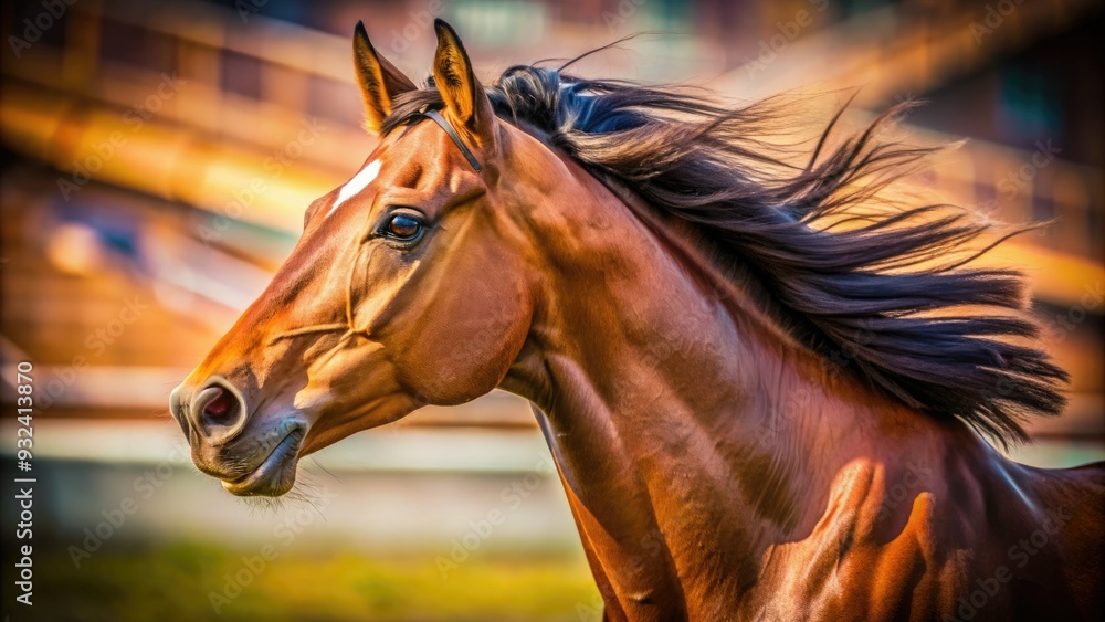 Majestic brown horse's head in focus, ears perked, nostrils flared, and ...