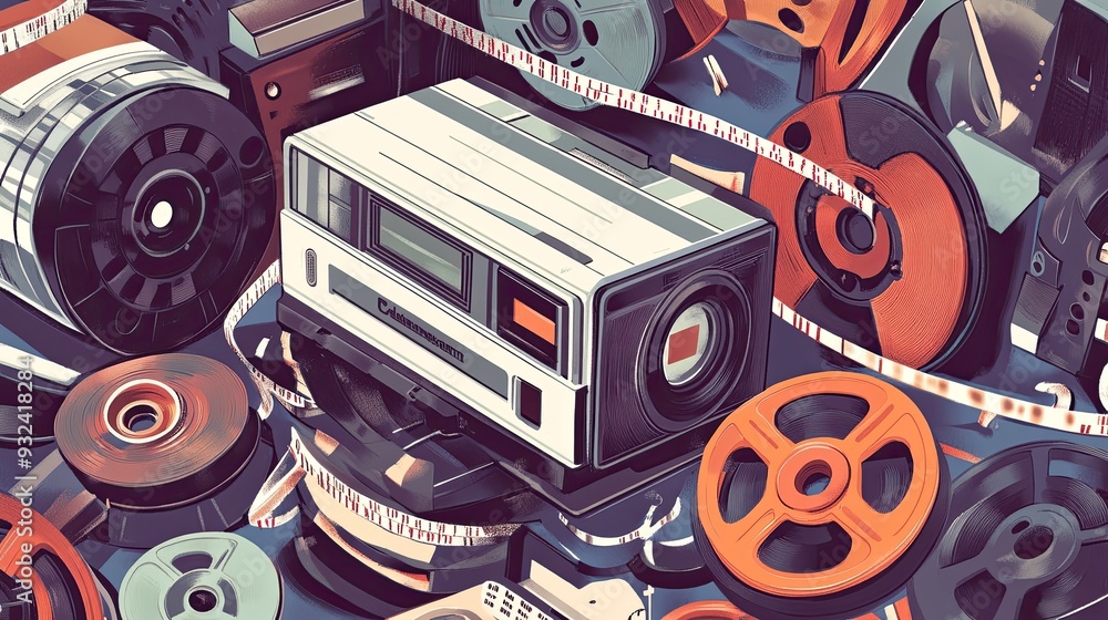 An illustrated retro movie cassette camera, surrounded by old cinema ...