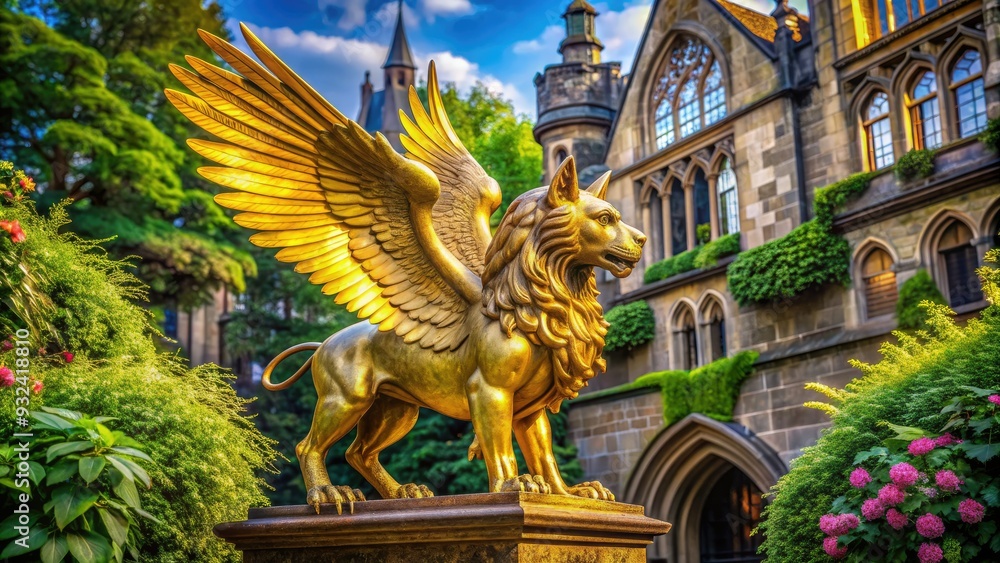 Majestic golden griffon statue stands guard atop a stone pedestal ...