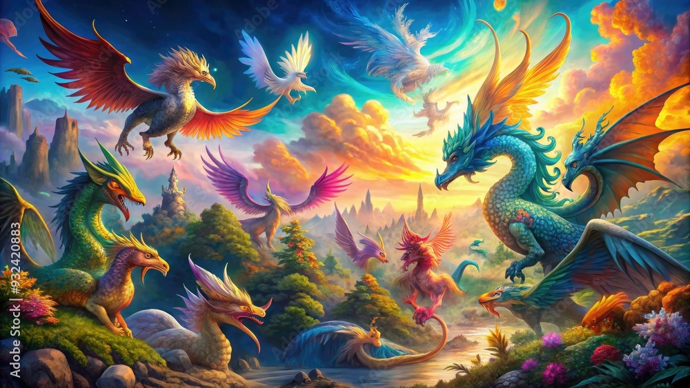 Majestic mythical creatures, including dragons and phoenixes, come ...