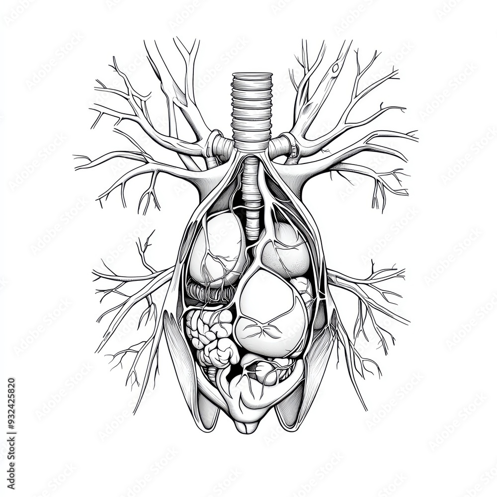 Detailed anatomical illustration of the human lung structure ...
