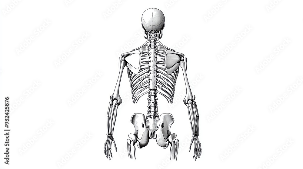 Detailed illustration of a human skeleton from the back, showcasing ...