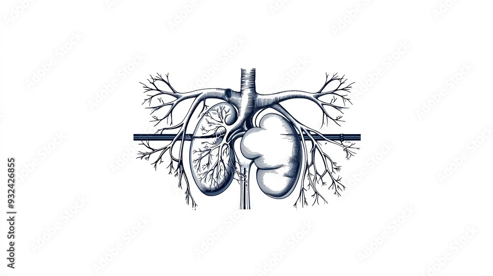 Detailed anatomical illustration of the human kidney and surrounding ...