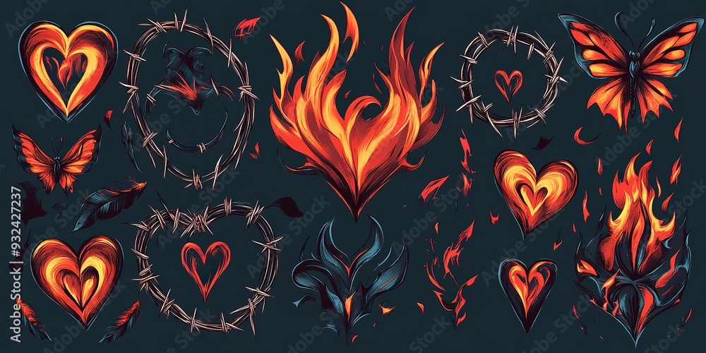 2000s gothic flame tattoo stickers. Retro psychedelic love art elements ...
